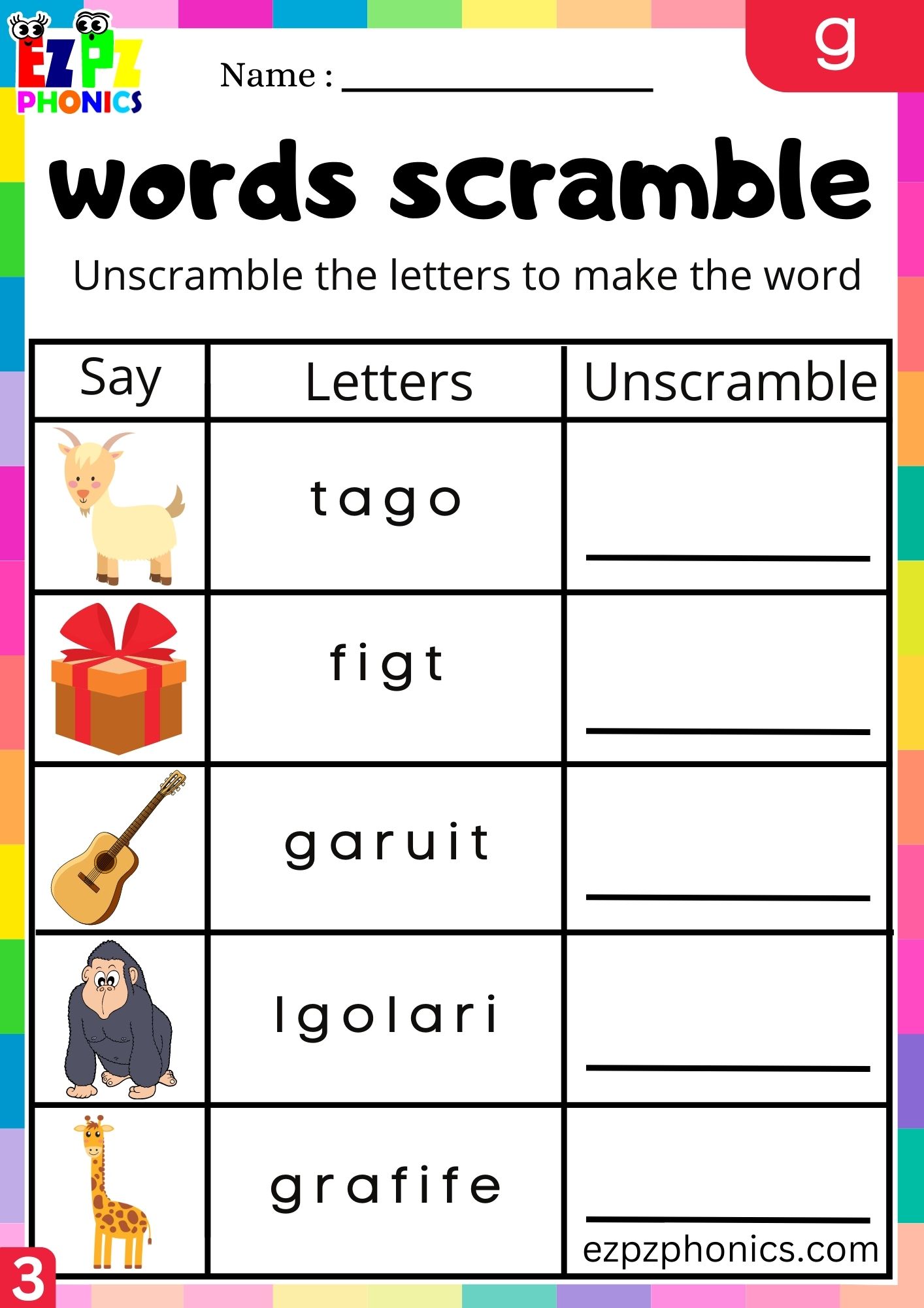 Letter g Word Scramble Write the Words Phonics Activity Group 3 - ezpzphonics.com